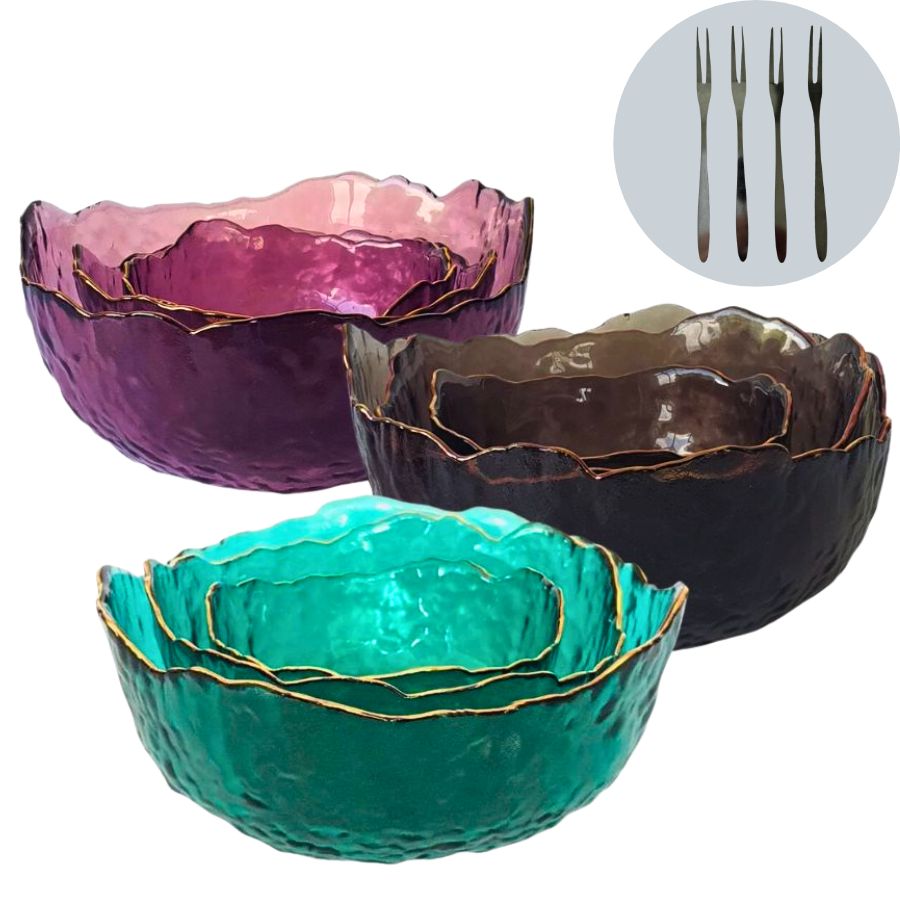 SET OF 3 GOLD RIM GLASS BOWL