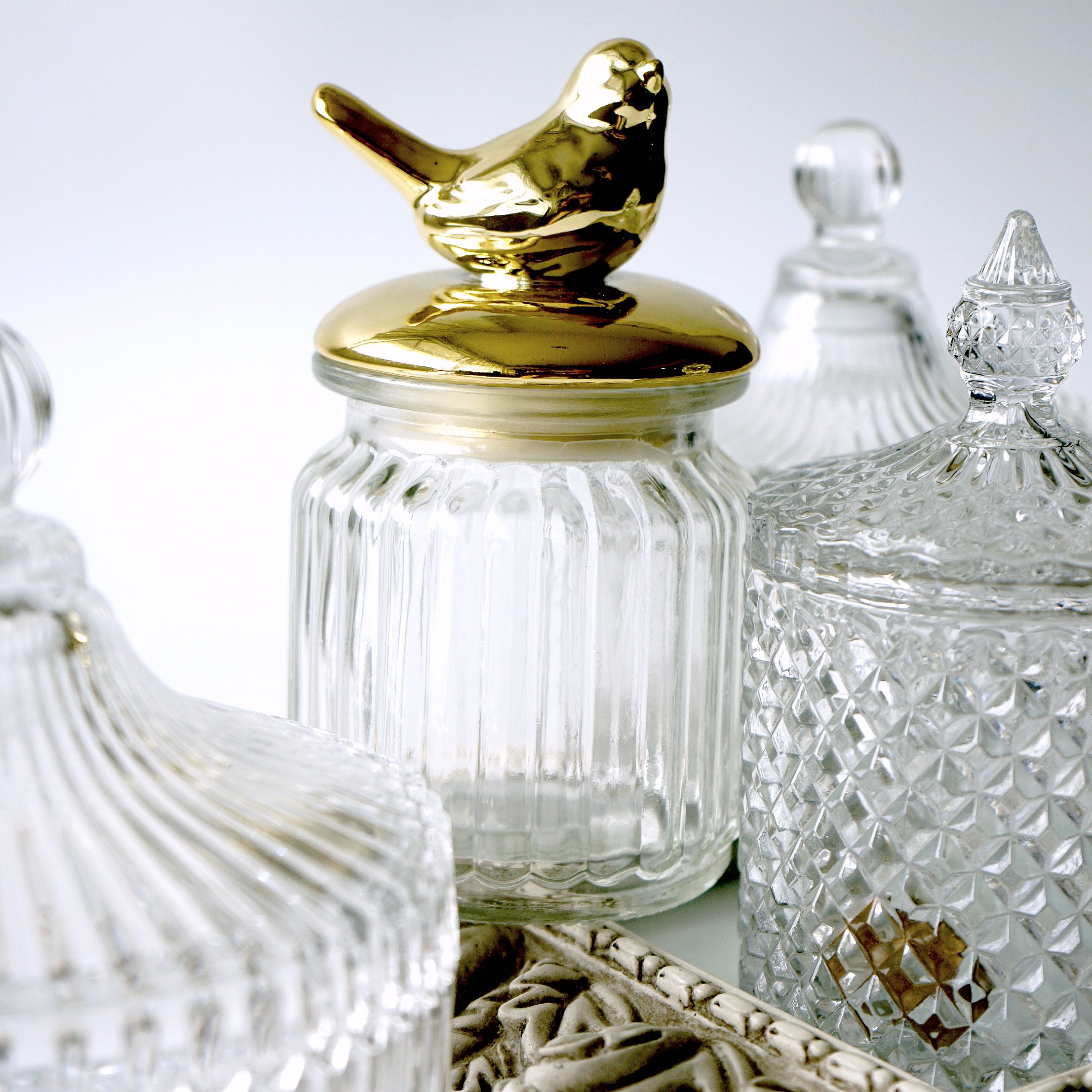GOLD WOODLAND BIRDIE GLASS JARS