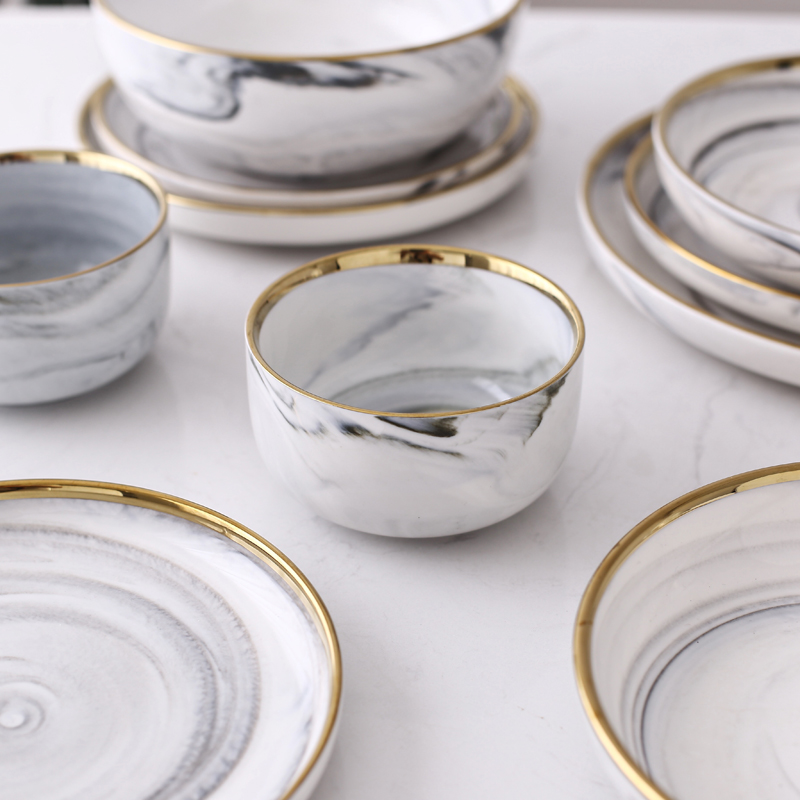 GOLD RIM GREY MARBLE DINNERWARE