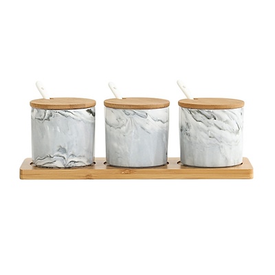 CERAMIC GREY/ PINK MARBLE CONDIMENT TRIO SET