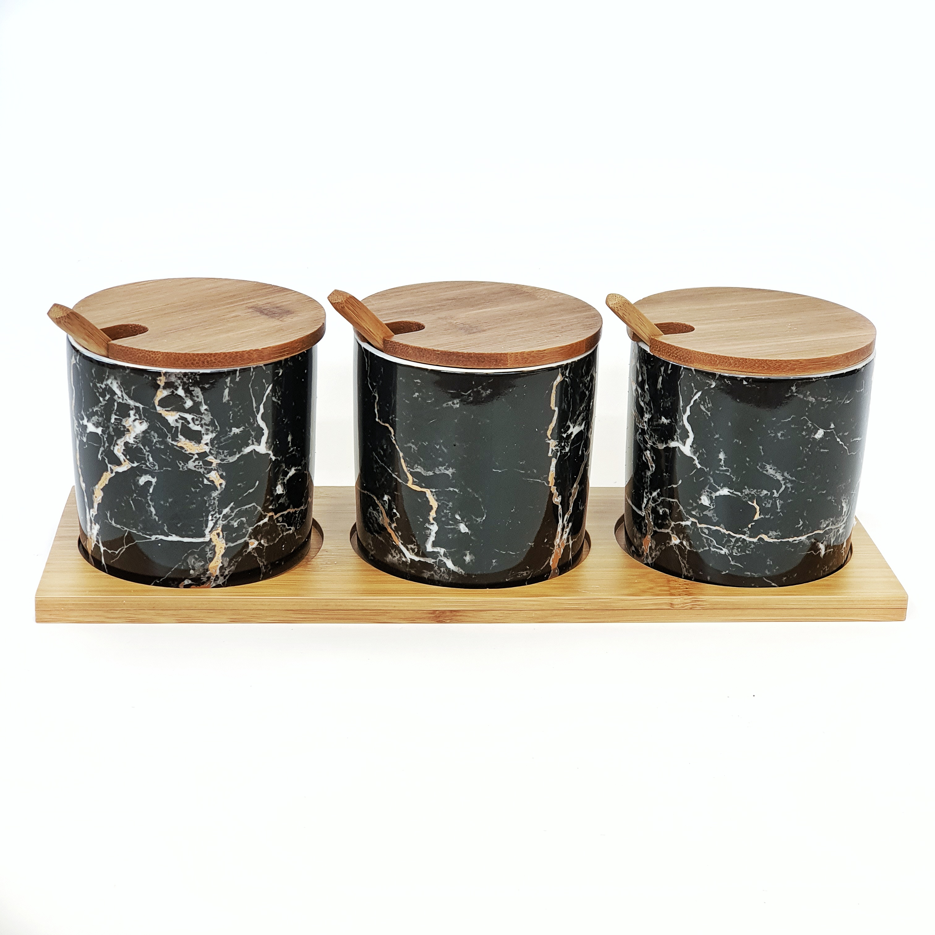SET OF 3 CERAMIC BLACK MARBLE CONDIMENT SET